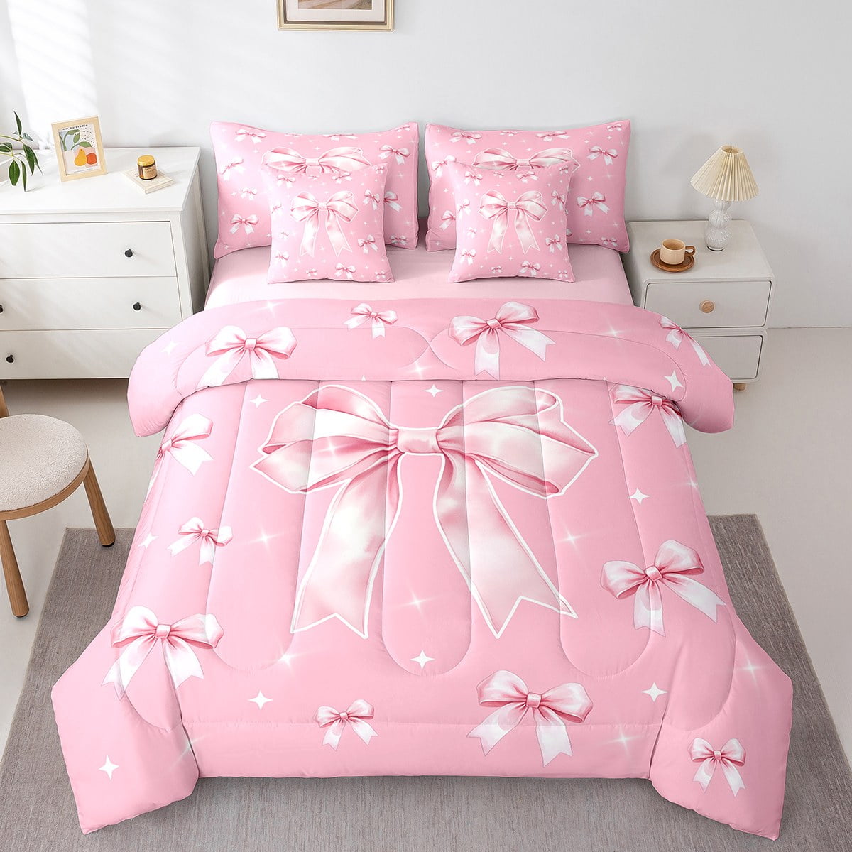 Erosebridal Pink Bow Bedding Queen Size,Bling Stars Bedding Sets Queen ...