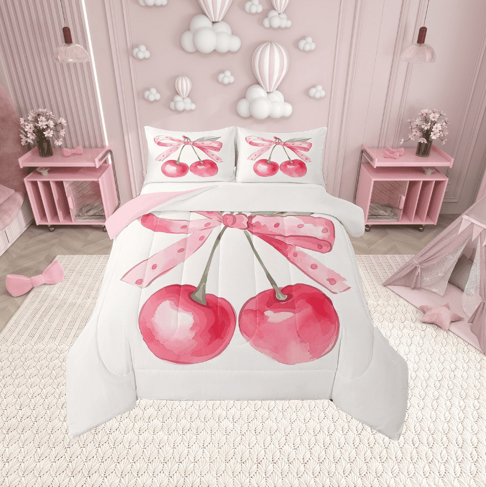 Erosebridal Pink Bow Cherry Bedding Full Comforter Set, Cartoon Fruit ...