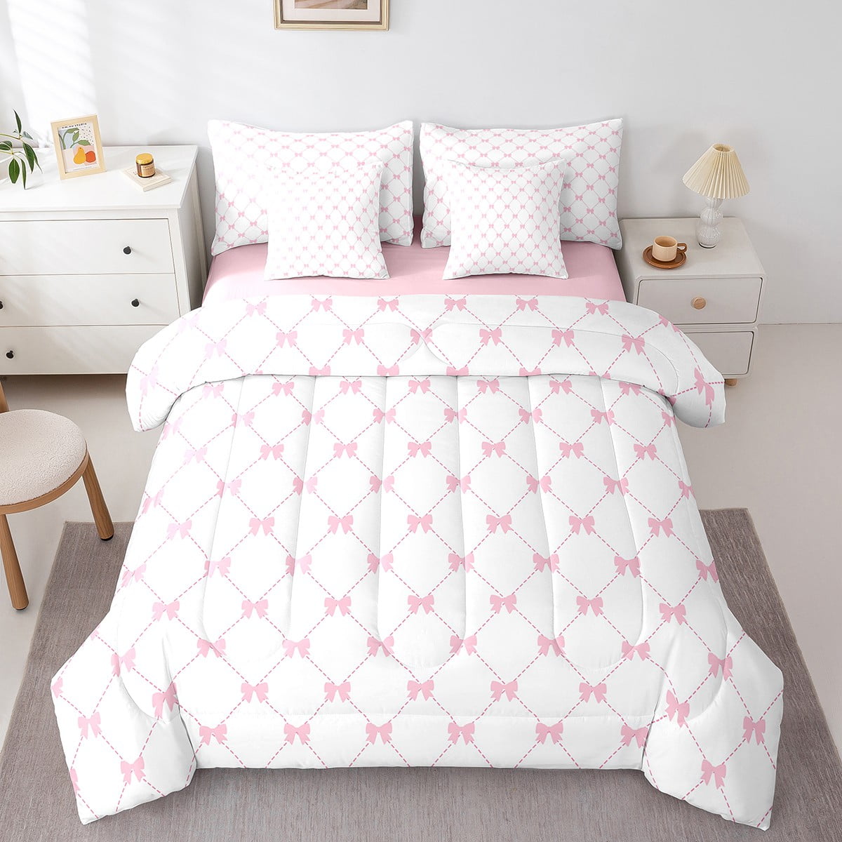 Erosebridal Pink Bow Comforter Set with Sheets Watercolor Bowknot 7 ...