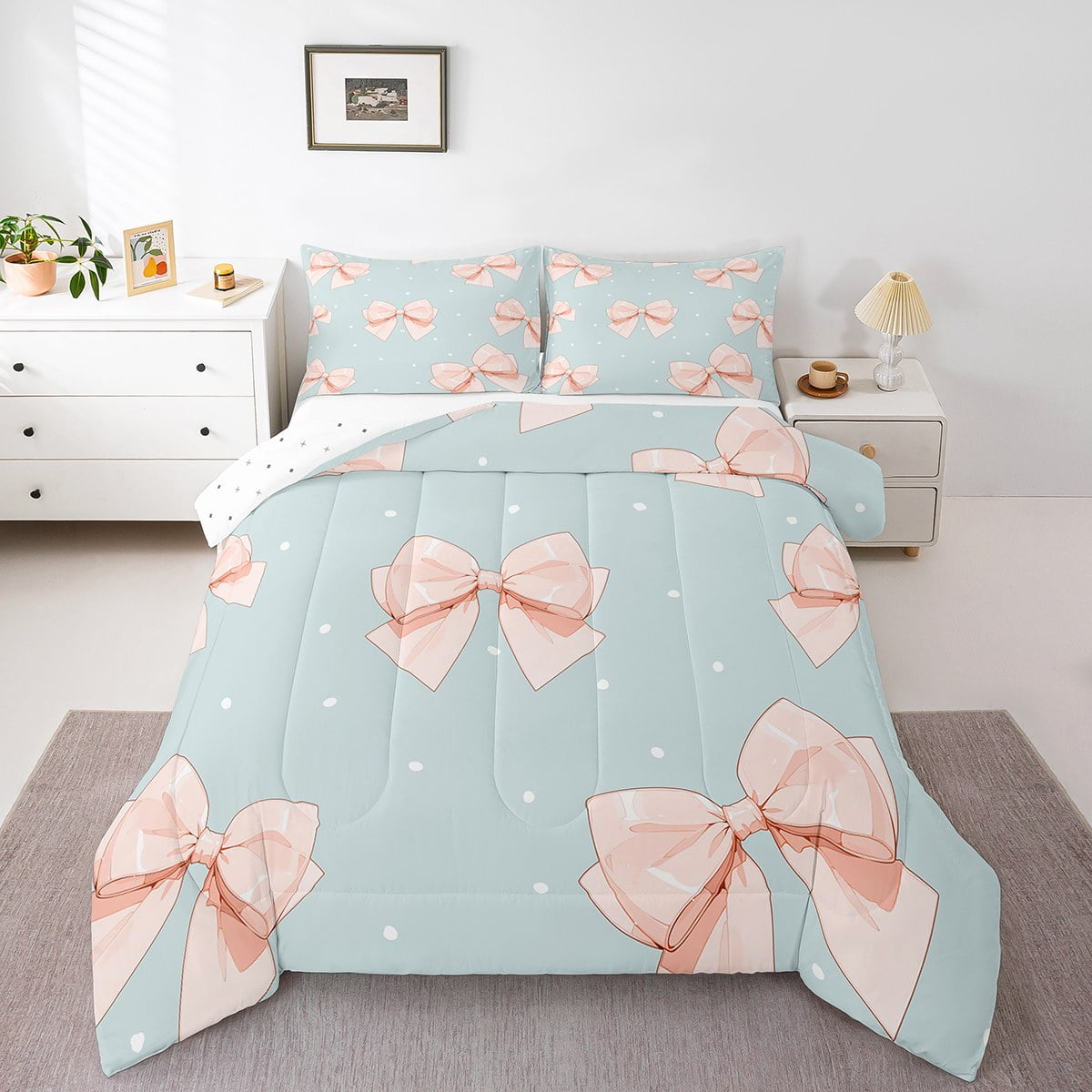 Erosebridal Pink Bow Comforter Sets Queen Size,Cartoon Polka Dots ...