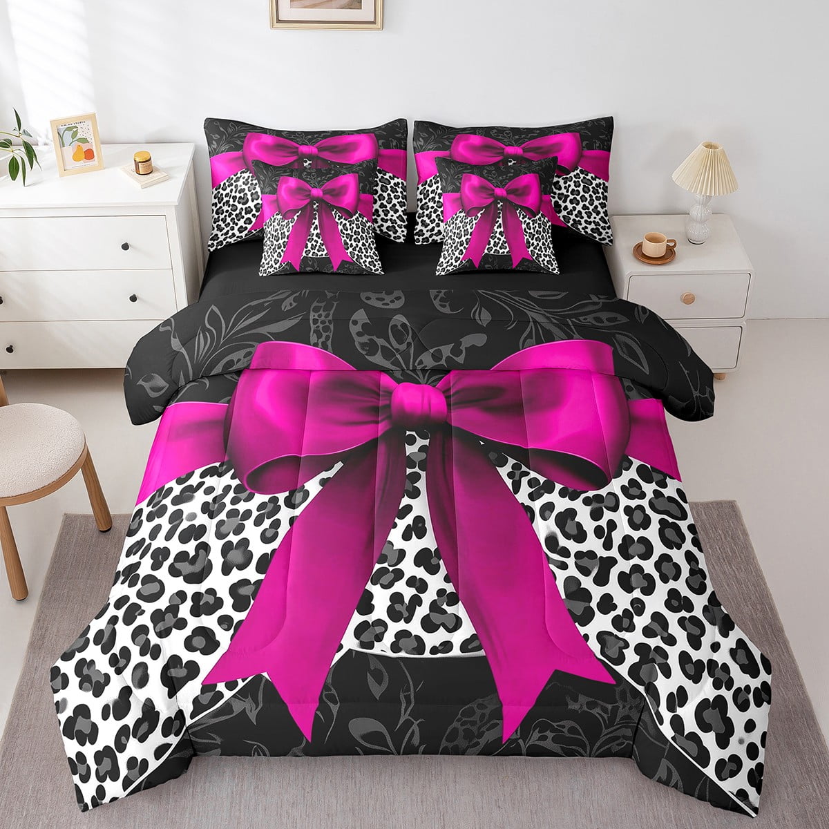 Erosebridal Pink Bowknot Bed in a Bag Twin size, Leopard Print Bed Set ...