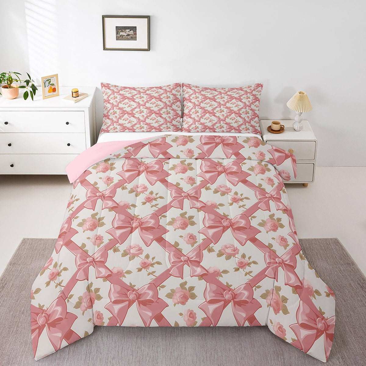 Erosebridal Pink Bowknot Bedding King Comforter Set,Floral Bow Bedding ...