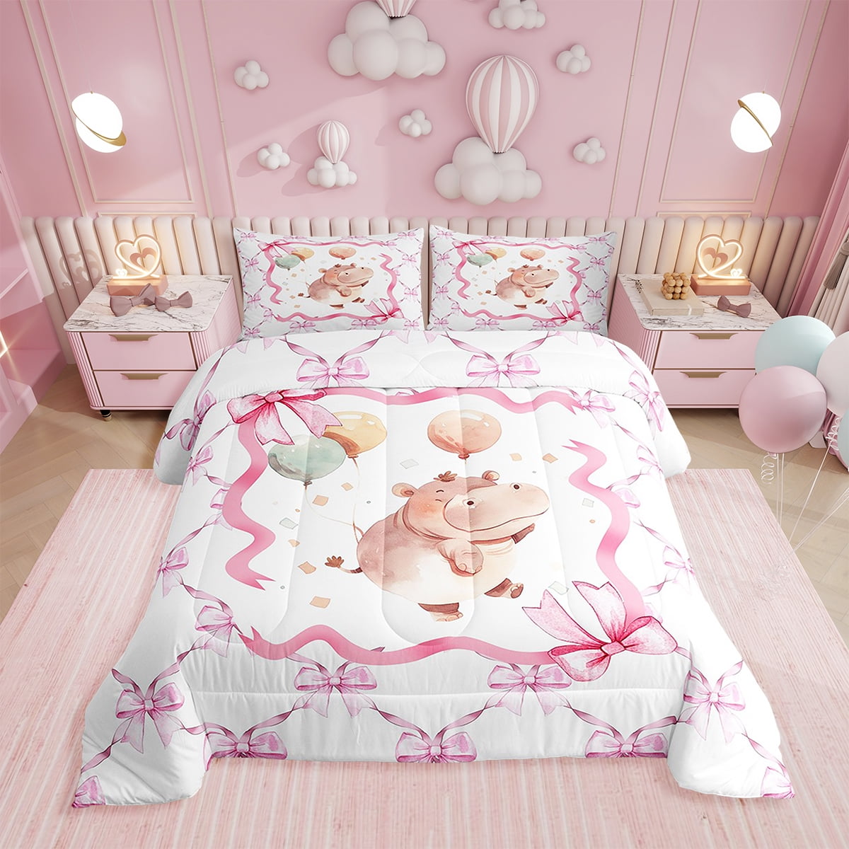 Erosebridal Pink Bowknot Comforter Set,Cute Hippo Toddler Bedding Set ...