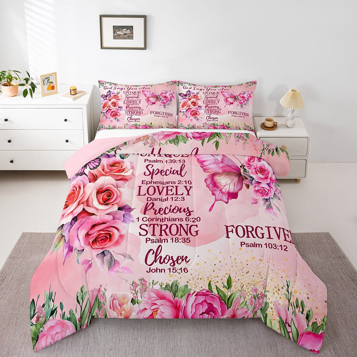 Erosebridal Pink Butterfly Bedding Queen Comforter Set, Inspirational ...