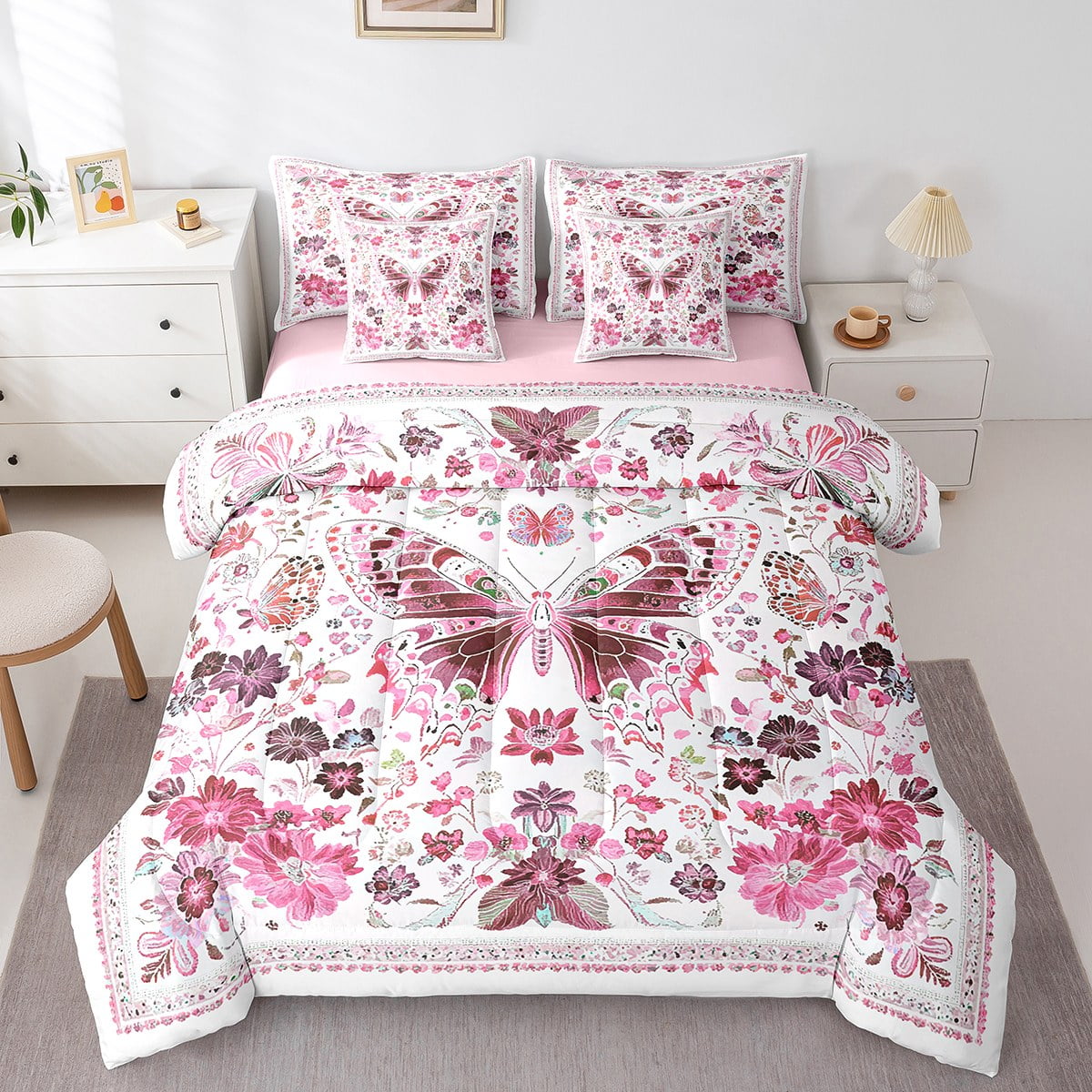 Erosebridal Pink Butterfly Bedding Sets Twin Size, Countryside Flower ...