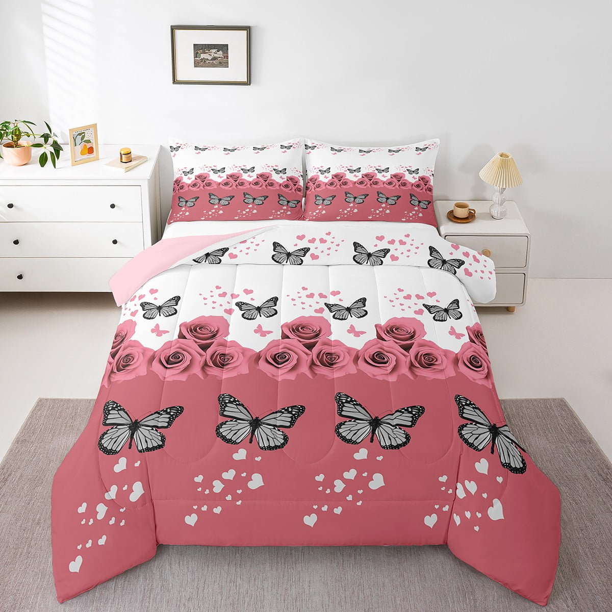 Erosebridal Pink Butterfly Comforter Set,Romantic Valentine Bedding Set ...
