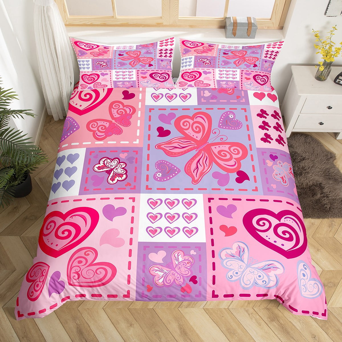 Erosebridal Pink Butterfly Duvet Cover King,Colorful Heart Bedding Sets ...