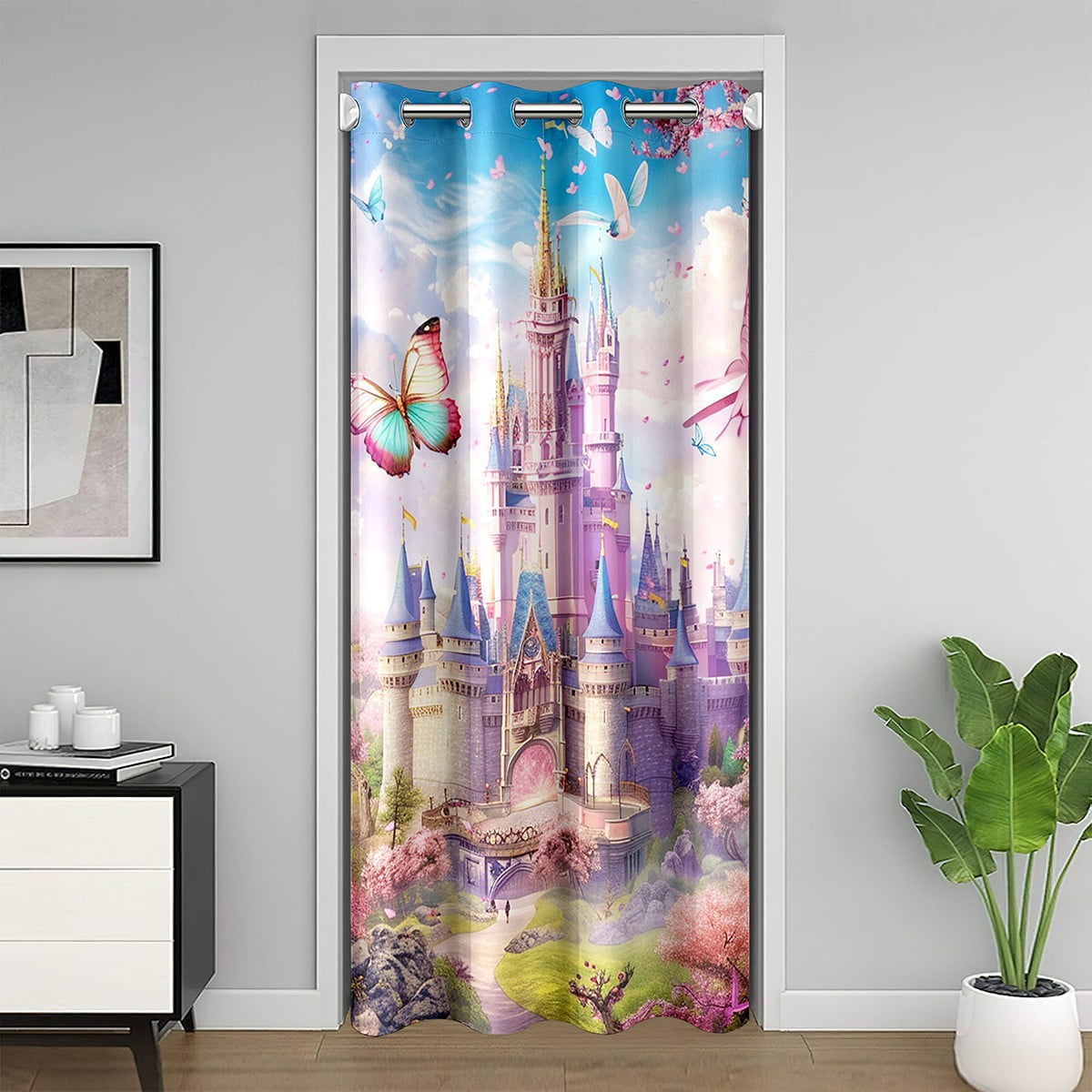 Erosebridal Pink Castle Door Curtain For Door Window 52x80,Floral Butterfly Room Divider Curtain ...