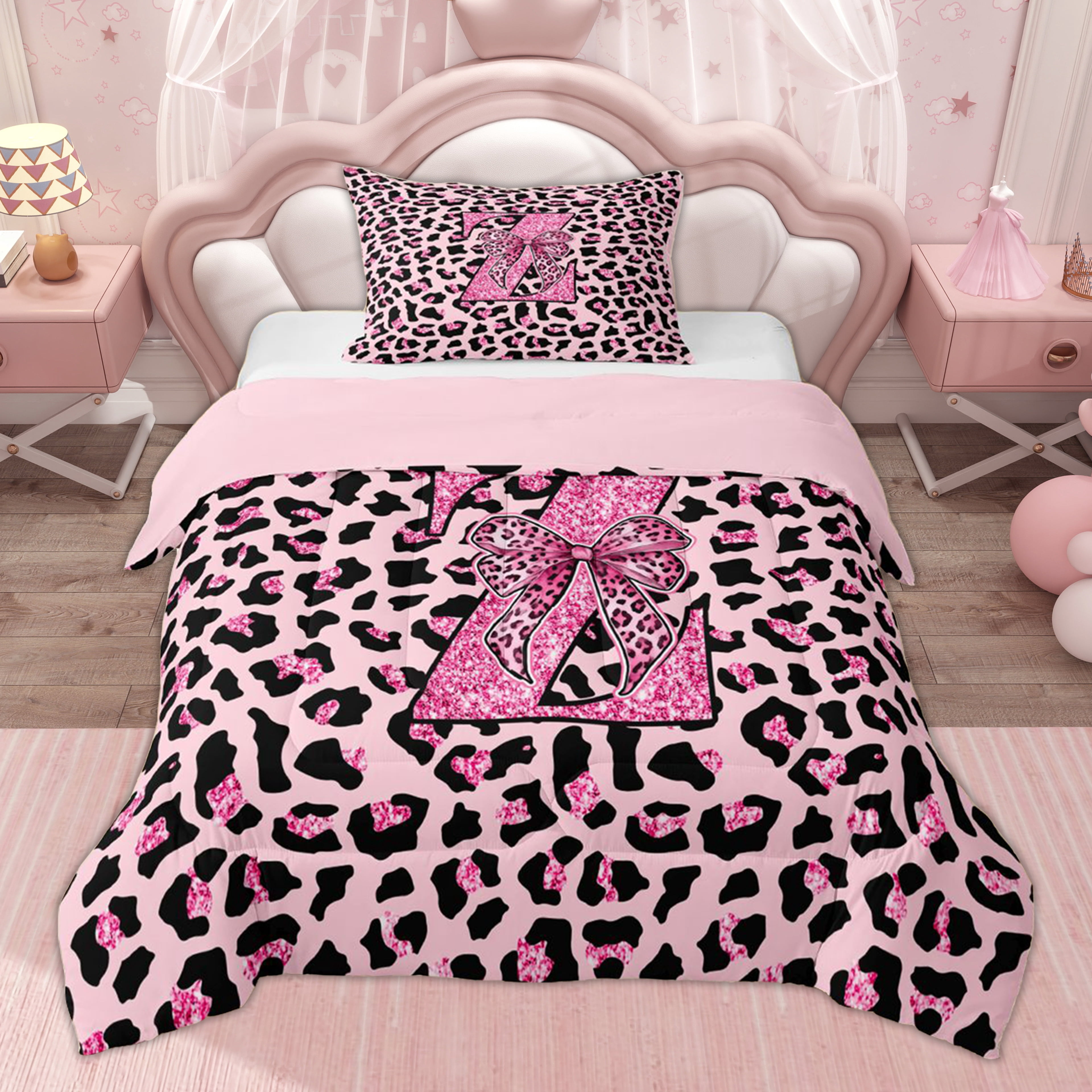 Erosebridal Pink Cheetah Print Kid Twin Comforter Sets, Princess Bow Z ...