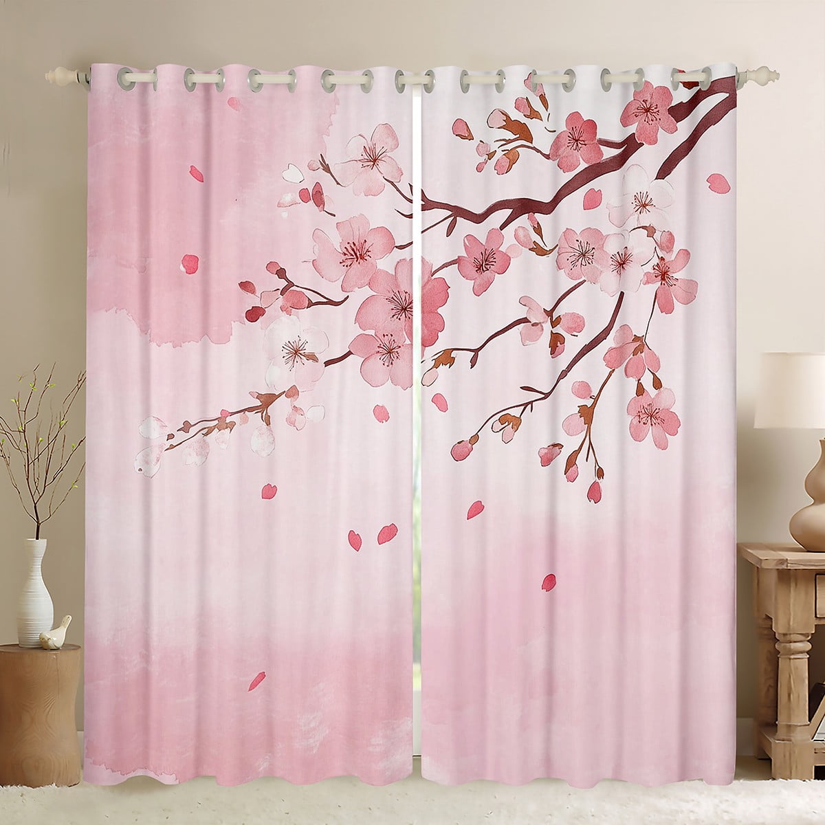 Erosebridal Pink Cherry Blossom Curtains Pack of 2 (42Wx63L),Floral ...