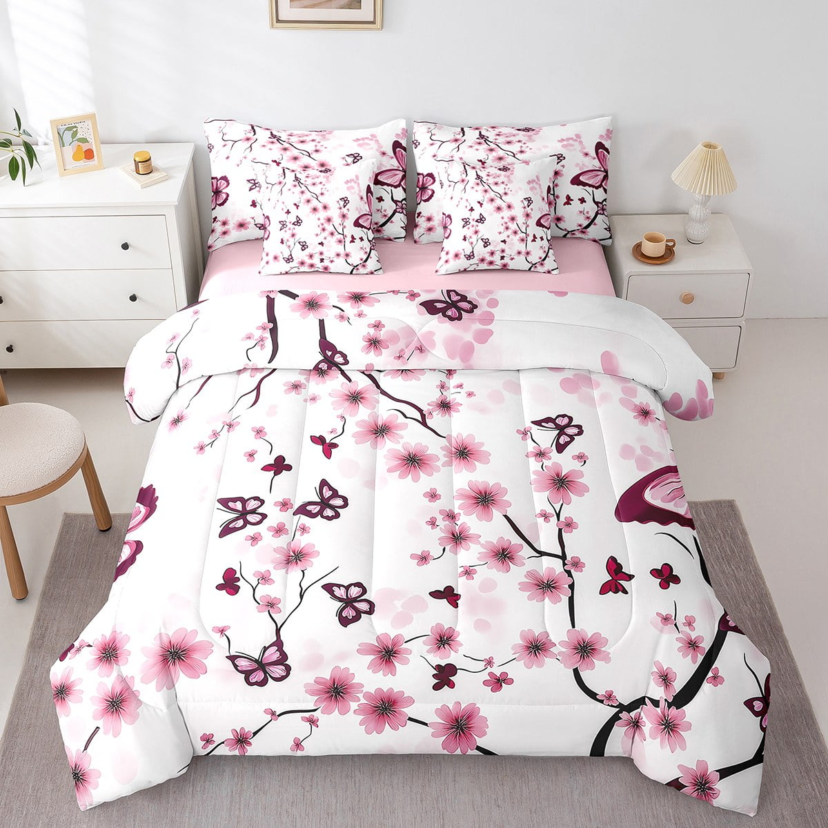 Erosebridal Pink Cherry Blossoms Bed in a Bag Full Size, Girly ...