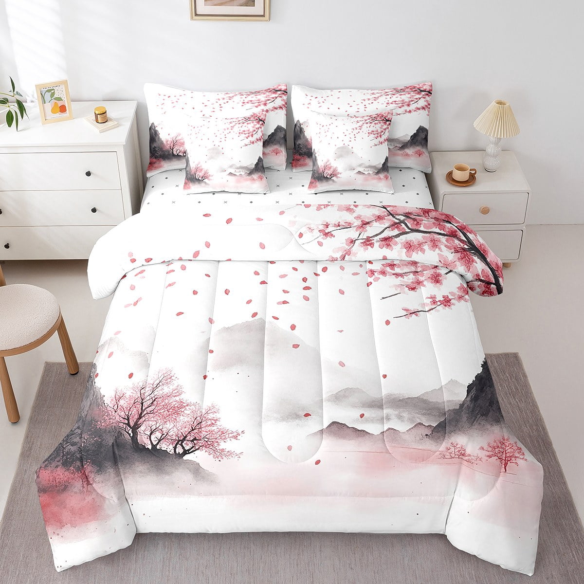 Erosebridal Pink Cherry Blossoms Bedding Sets Twin Size, Natural ...