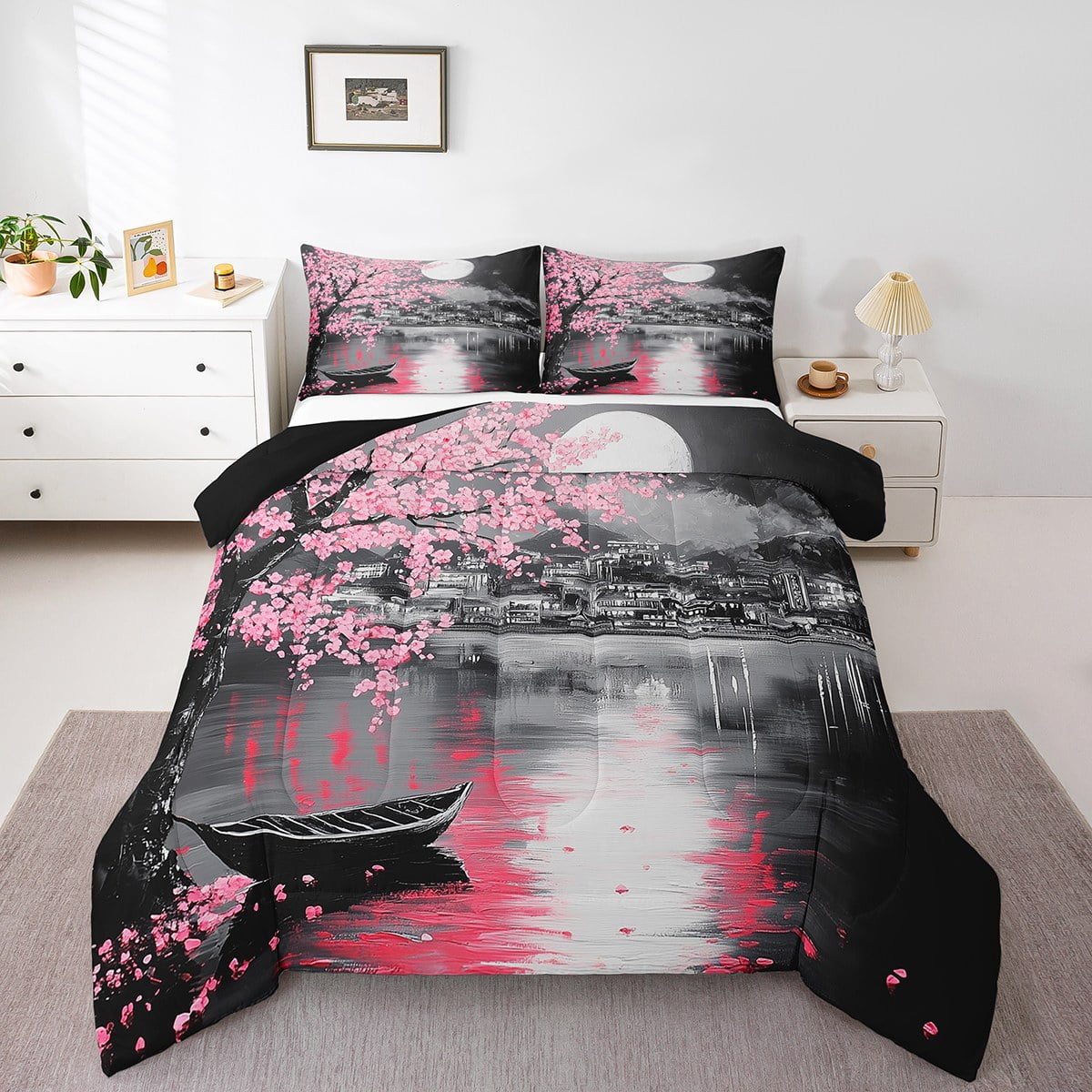 Erosebridal Pink Cherry Blossoms Comforter Sets Queen Size,Flower Moon ...