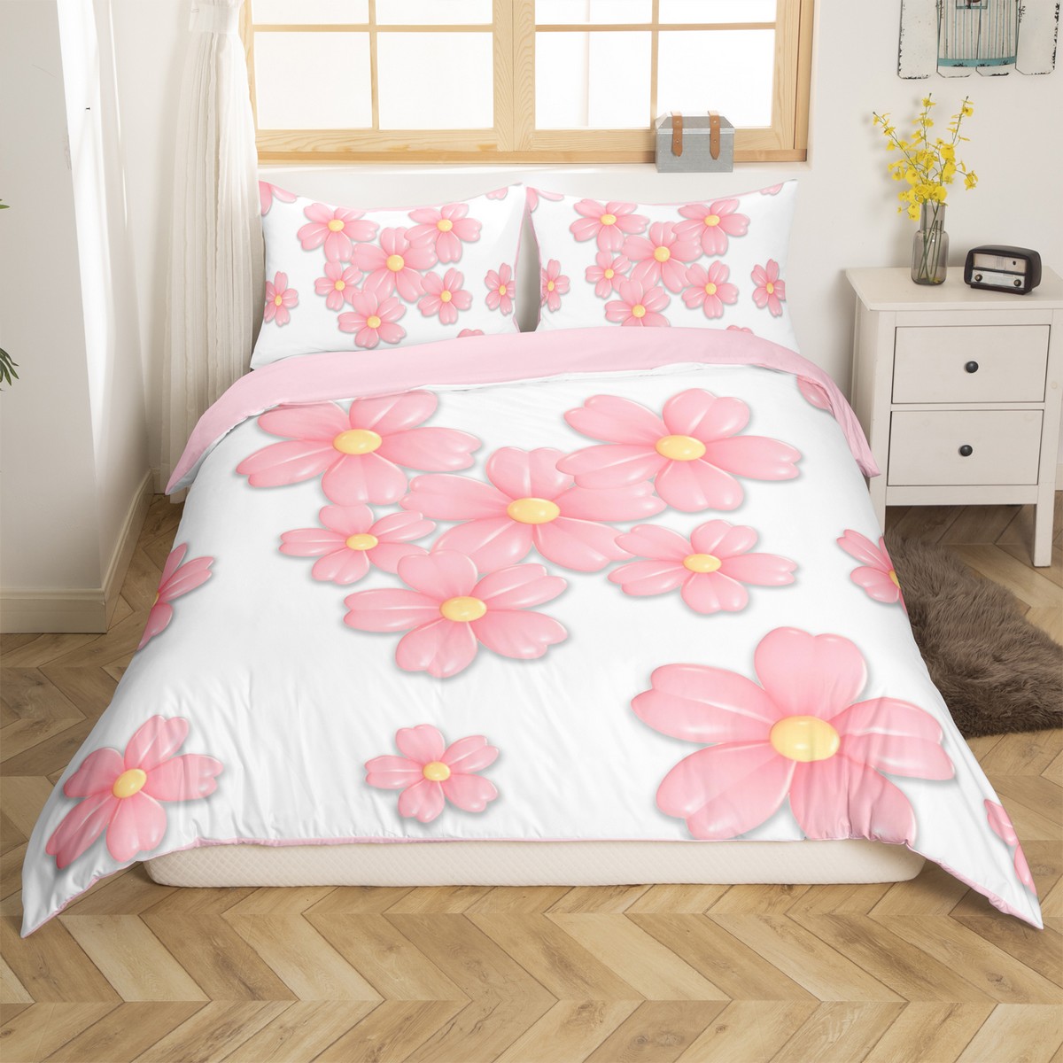 Erosebridal Pink Cherry Blossoms Duvet Cover Queen, Chic Floral Bedding ...