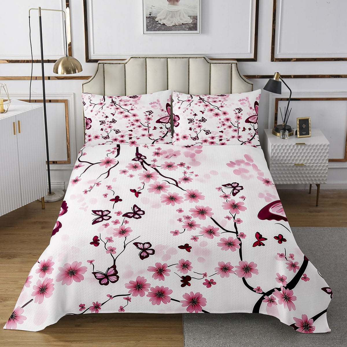 Erosebridal Pink Cherry Blossoms Quilt Sets for Twin Size Bed, Girly ...