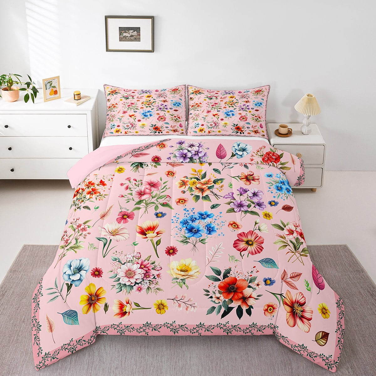 Erosebridal Pink Comforter Sets Queen Size, Chic Floral Flower Down ...