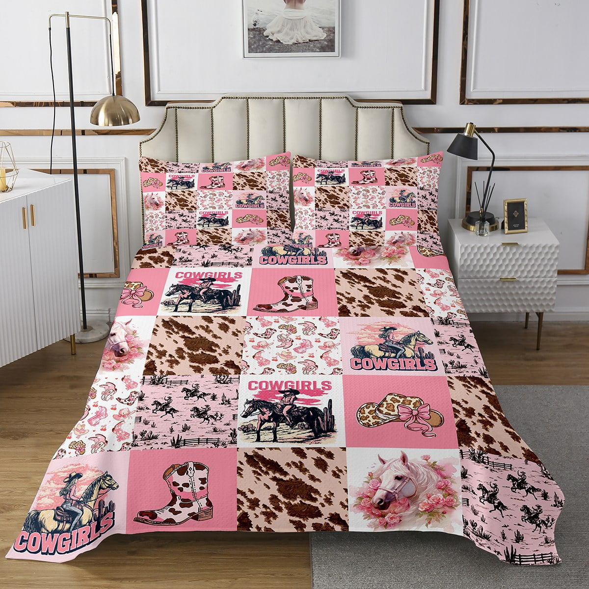 Erosebridal Pink Cowgirl Bedspread Twin Size,Western Cow Print Quilted ...