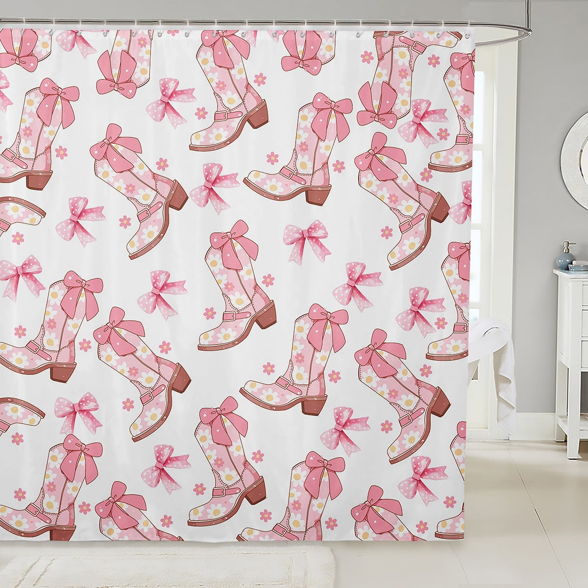Erosebridal Pink Cowgirl Shower Curtain Western Boots Printed Fabric Shower Curtain Kids Boys ...