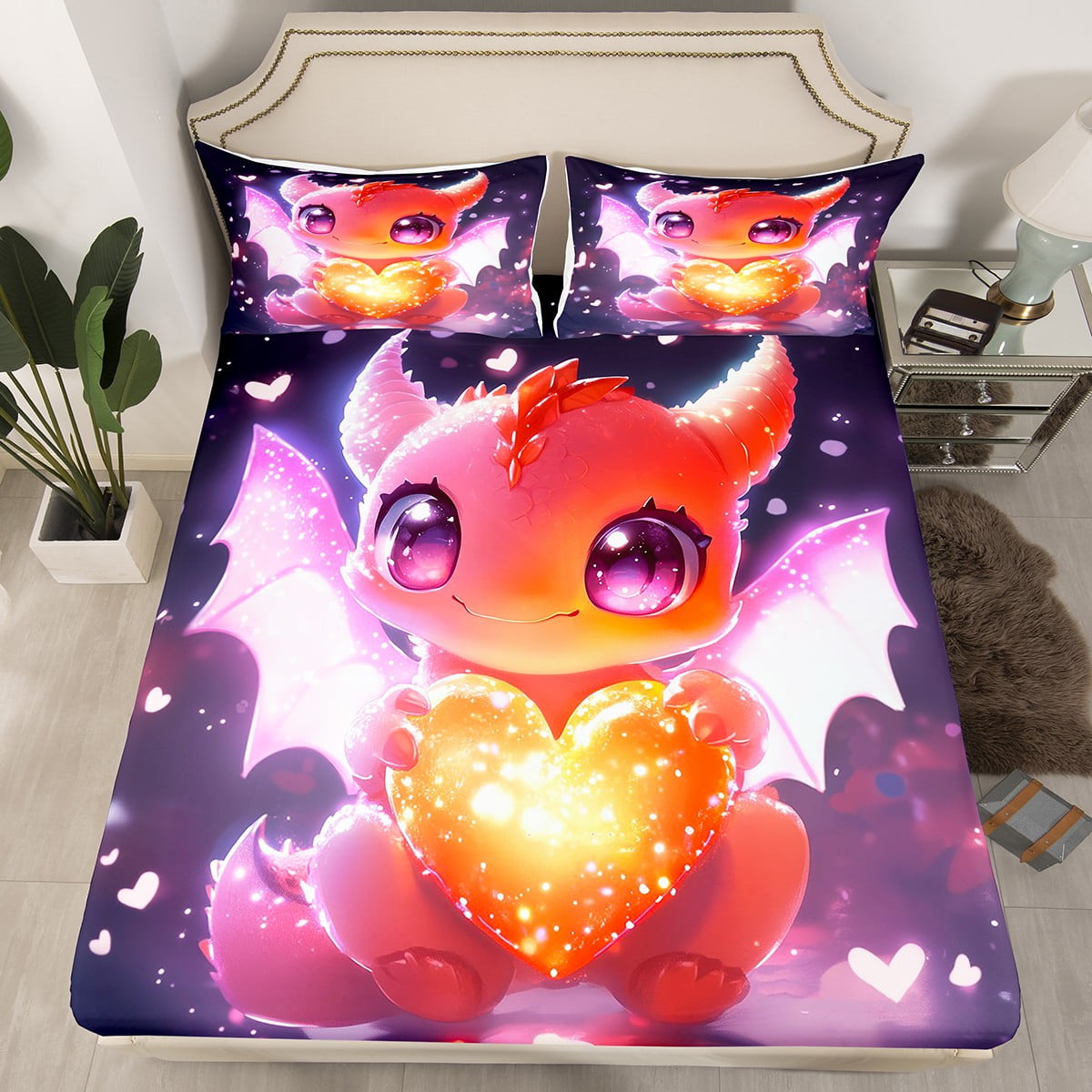 Erosebridal Pink Dragon Fitted Sheet Set Full, 3D Animal Fitted Sheet ...
