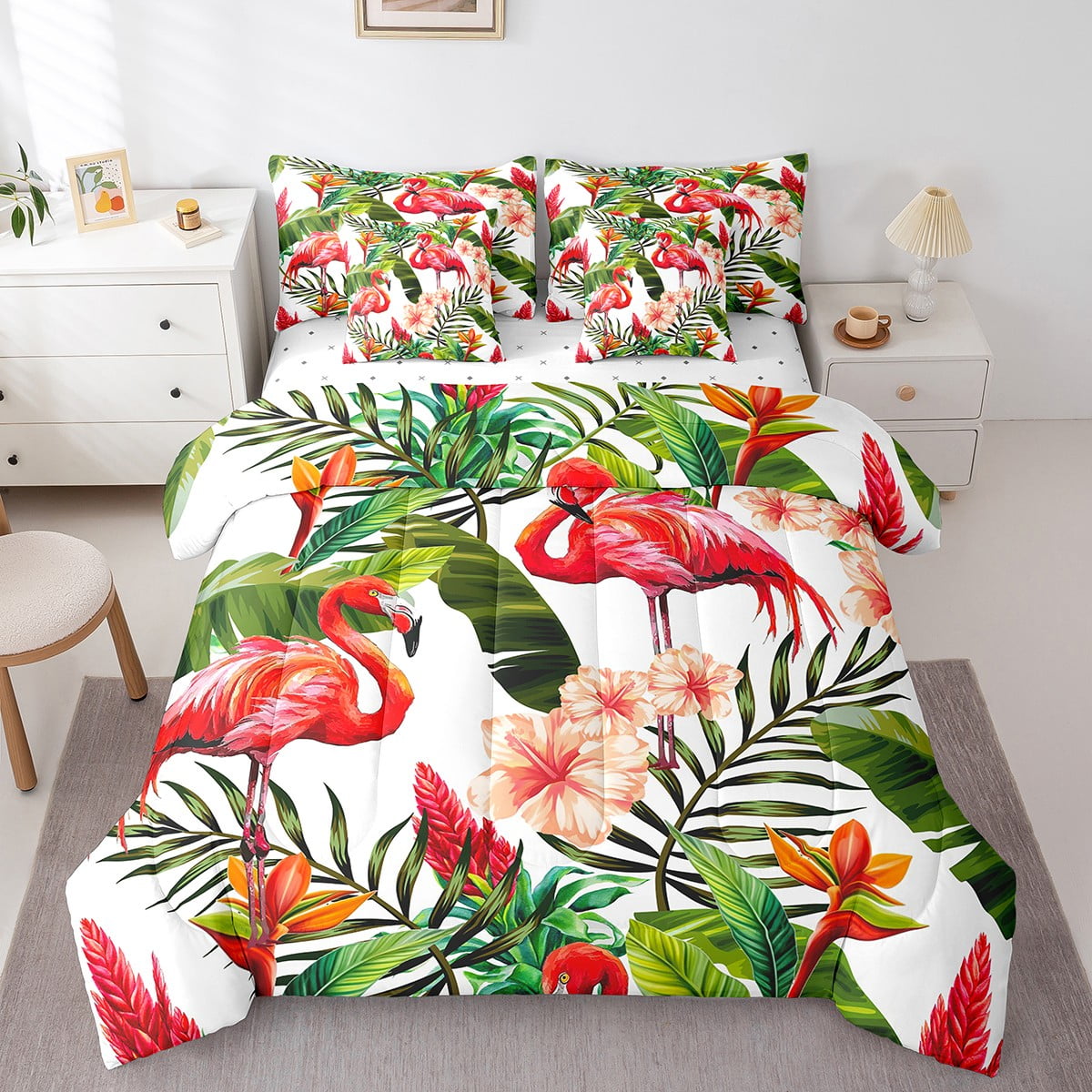 Erosebridal Pink Flamingo Bedding Sets Full Size, Tropical Palm Tree ...