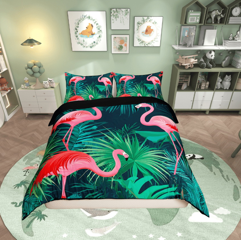 Erosebridal Pink Flamingo Comforter Cover Queen, Tropical Palm Tree ...