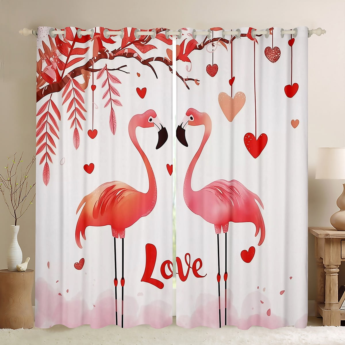 Erosebridal Pink Flamingo Window Drapes Treatments Love Heart Print ...
