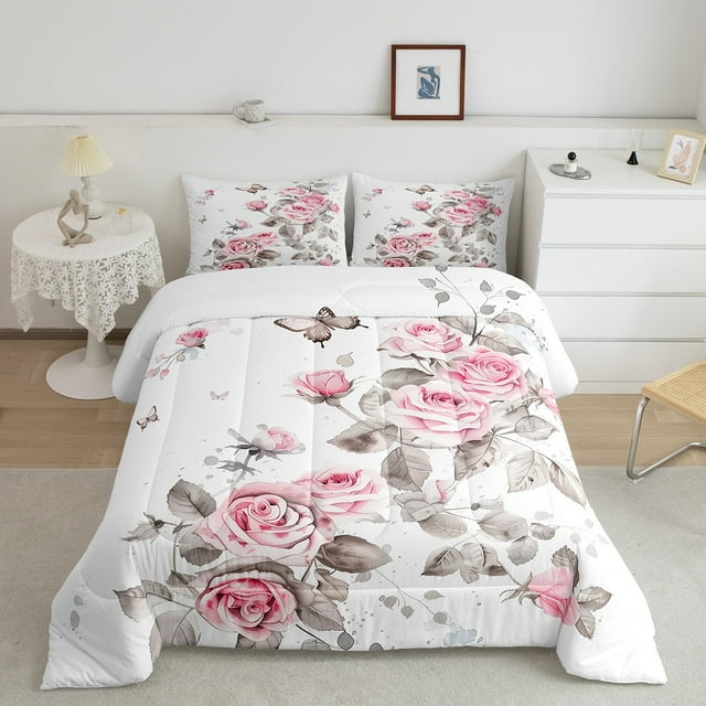 Erosebridal Pink Floral Comforter Sets Twin Size, Chic Flower Down ...