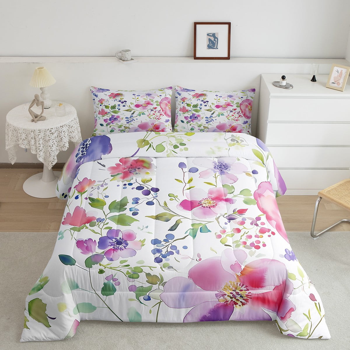 Erosebridal Pink Florals Flower Bedding Sets Queen with Comforter ...