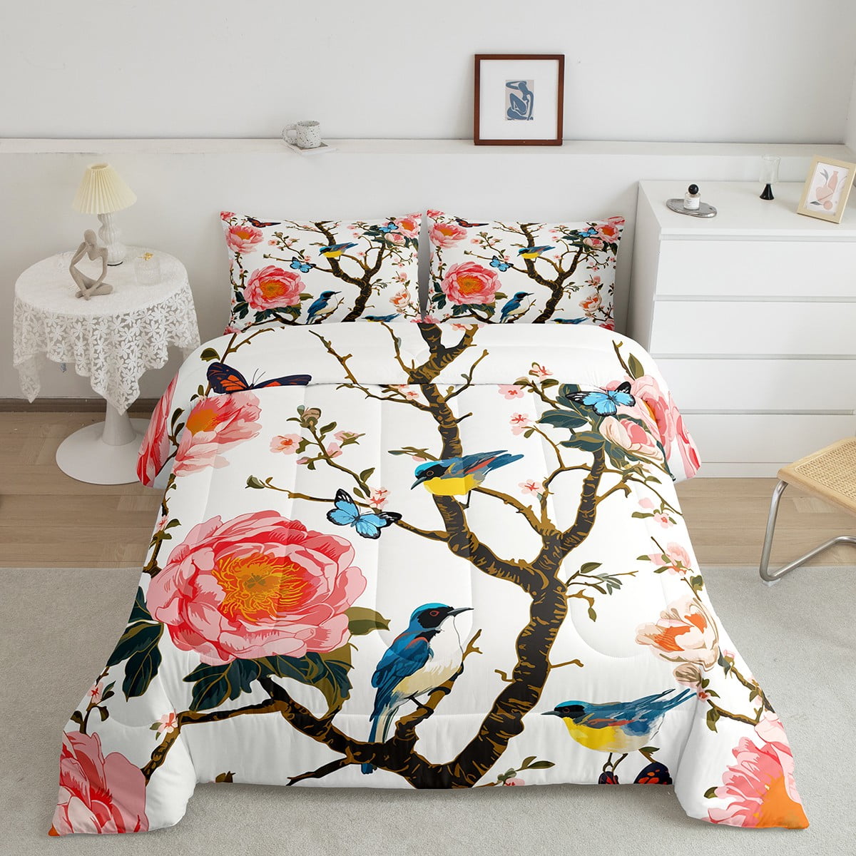 Erosebridal Pink Flower Bedding Queen Comforter Set, Kawaii Bird Down ...