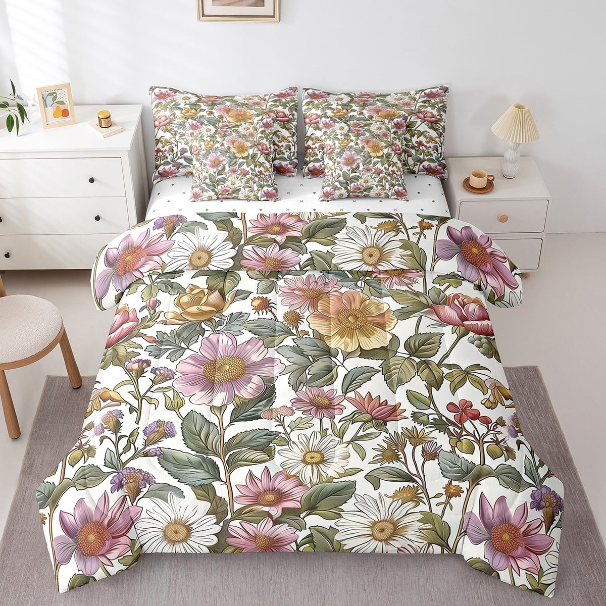 Erosebridal Pink Flower Bedding Sets Queen Size, White Daisy Floral ...