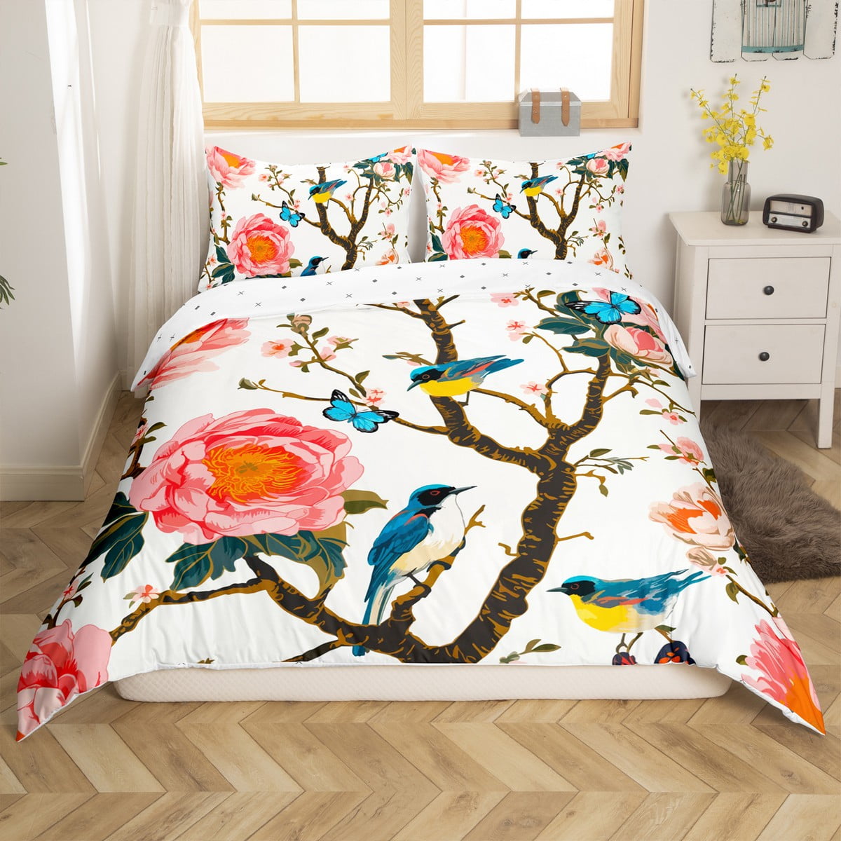Erosebridal Pink Flower Comforter Cover Queen, Kawaii Bird Bedding Sets ...