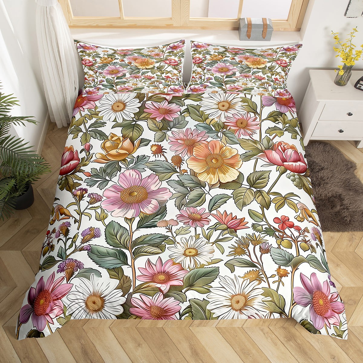 Erosebridal Pink Flower Comforter Cover Queen, White Daisy Floral ...