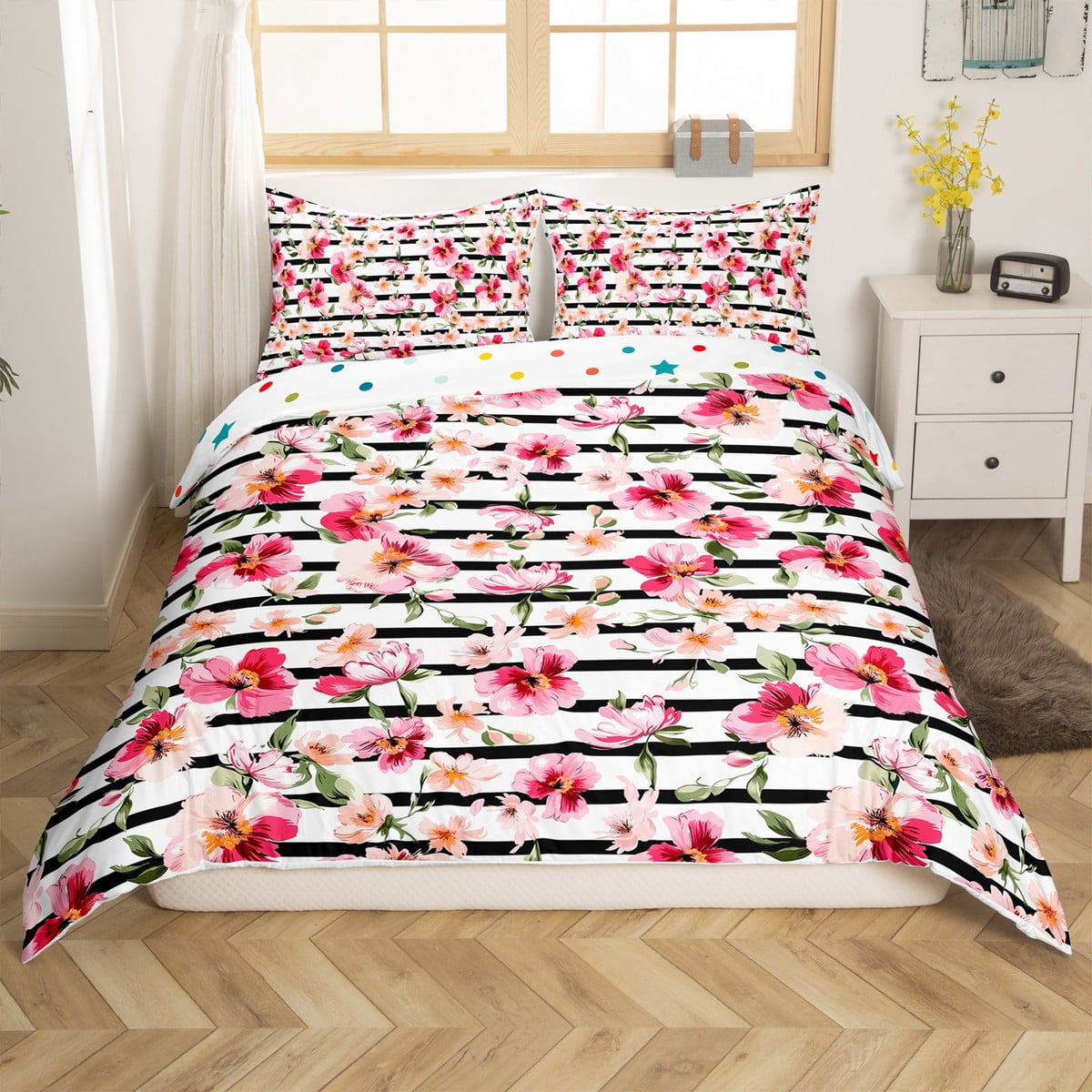 Erosebridal Pink Flower Floral Comforter Cover King, Botanical Blossoms ...