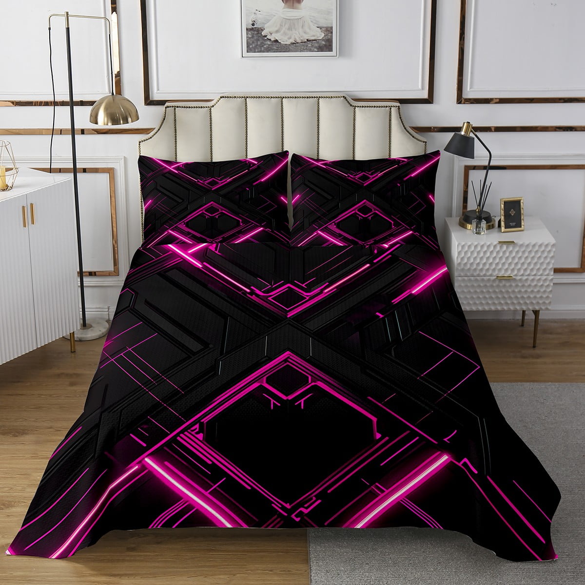 Erosebridal Pink Geometric Coverlet Set Twin, Neon Checkered Bedding ...