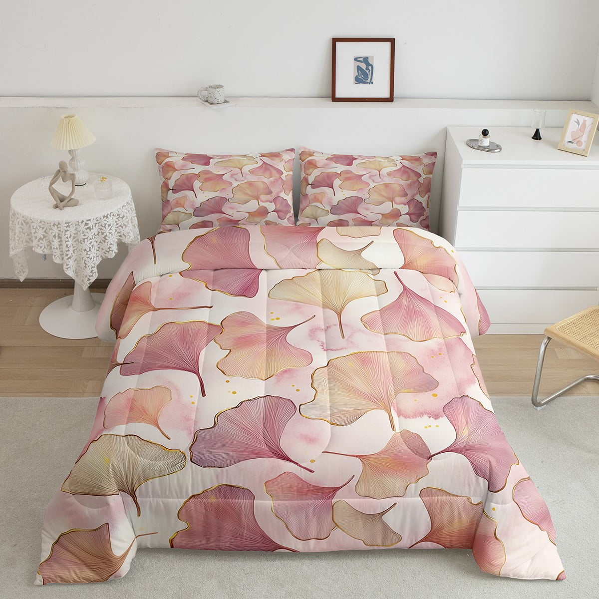 Erosebridal Pink Ginkgo Leaf Comforter Sets Queen Size, Plant Botanical ...