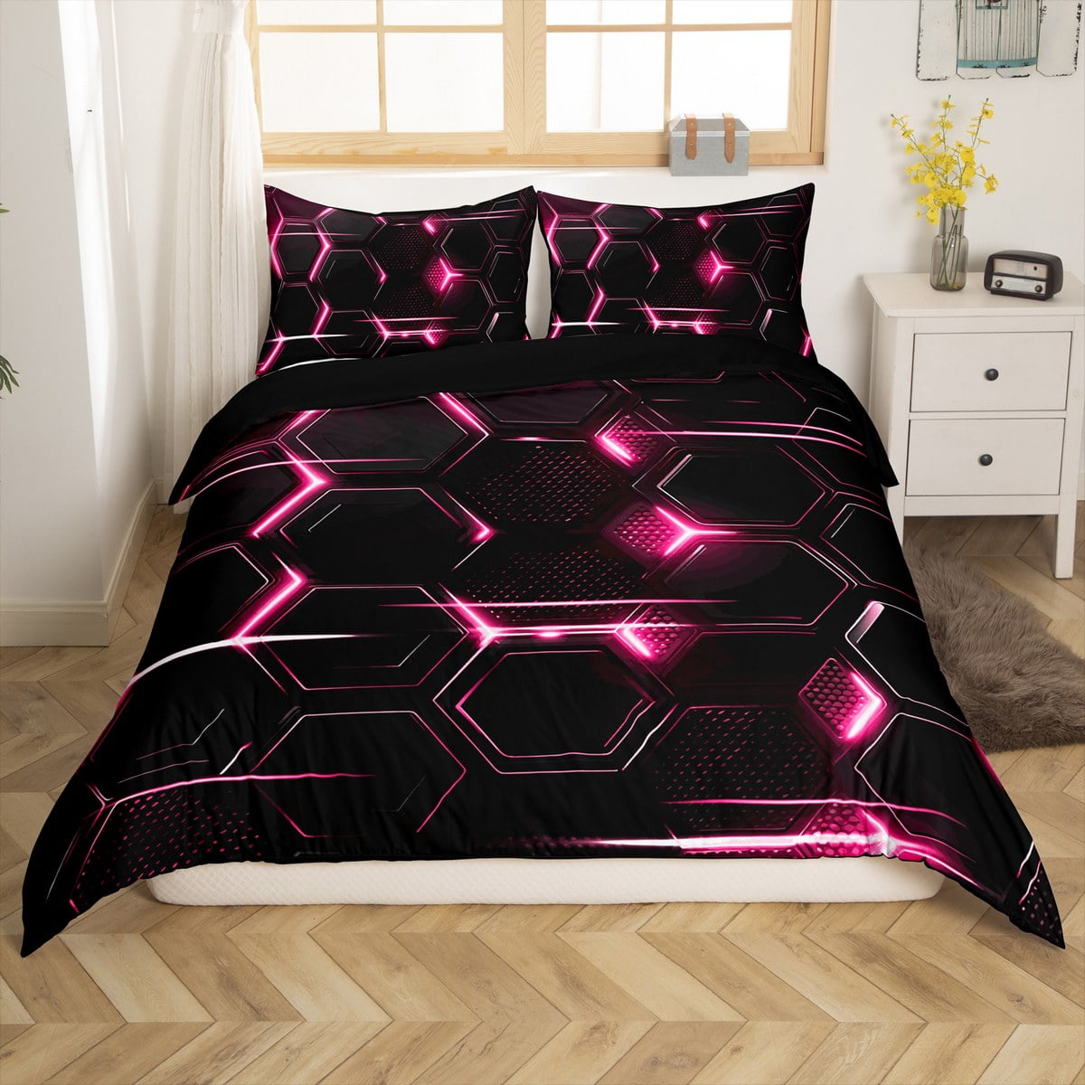 Erosebridal Pink Hexagon Duvet Cover Full,Futuristic Honeycomb Bedding ...