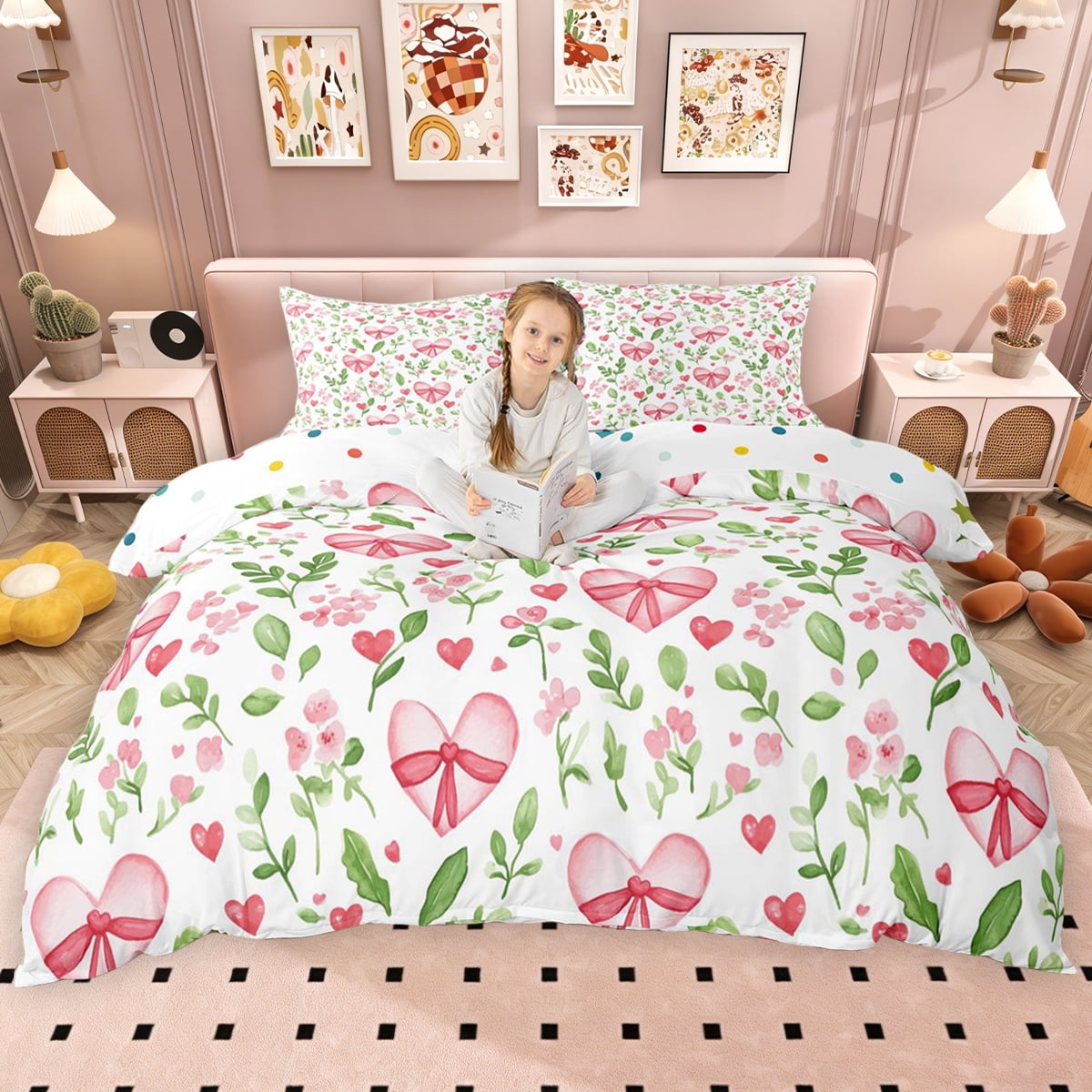 Erosebridal Pink Love Hearts Queen Duvet Cover Set for Girls, Chic ...