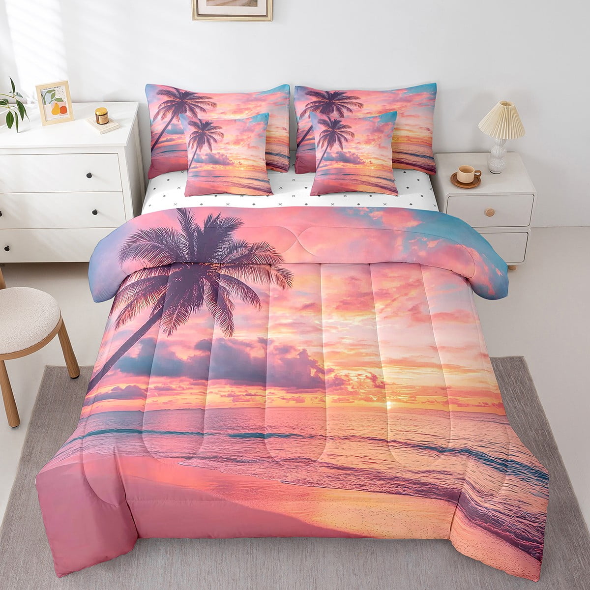 Erosebridal Pink Marine Bedding Sets Queen Size, Coconut Tree Comforter ...