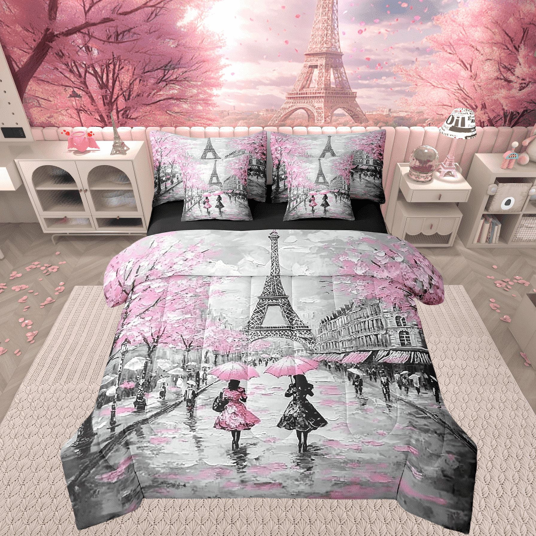 Erosebridal Pink Paris Eiffel Tower Bed in a Bag French Style Comforter ...
