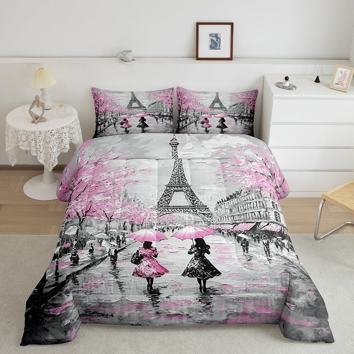 Erosebridal Pink Paris Eiffel Tower Comforter Set Queen Size French ...