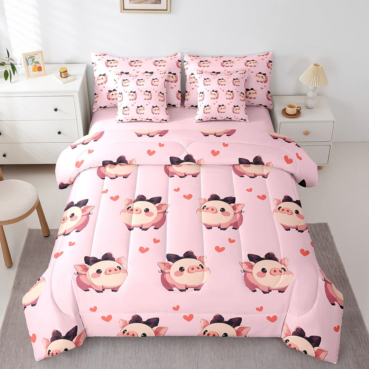 Erosebridal Pink Pig Bedding Full Size, Love Heart Bed Set, Cartoon ...