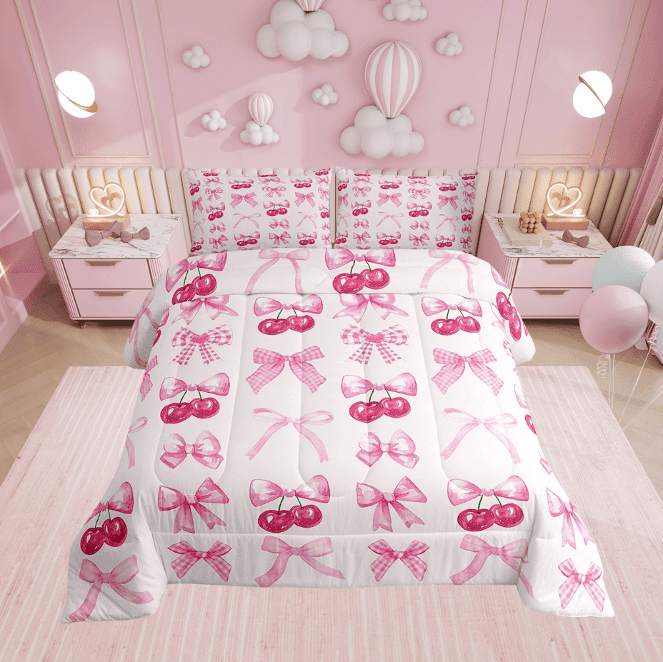 Erosebridal Pink Plaid Bow Bedding Comforter Sets Full Cute Bowknot Comforter Set Grids Ribbon ...
