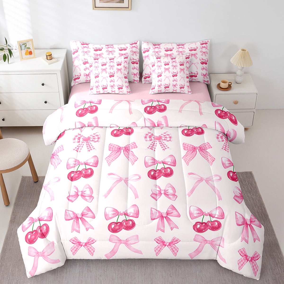 Erosebridal Pink Plaid Bow Bedding Set Cute Bowknot Full Comforter Set ...