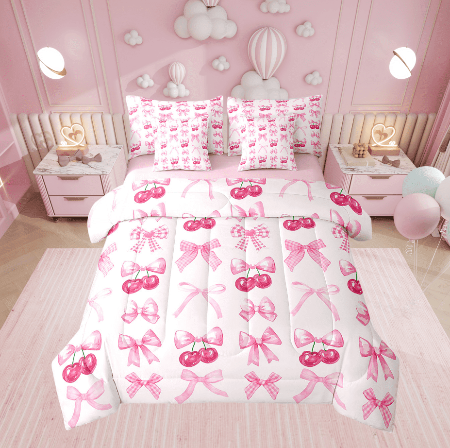 Erosebridal Pink Plaid Bow Bedding Set Cute Bowknot Queen Comforter Set ...