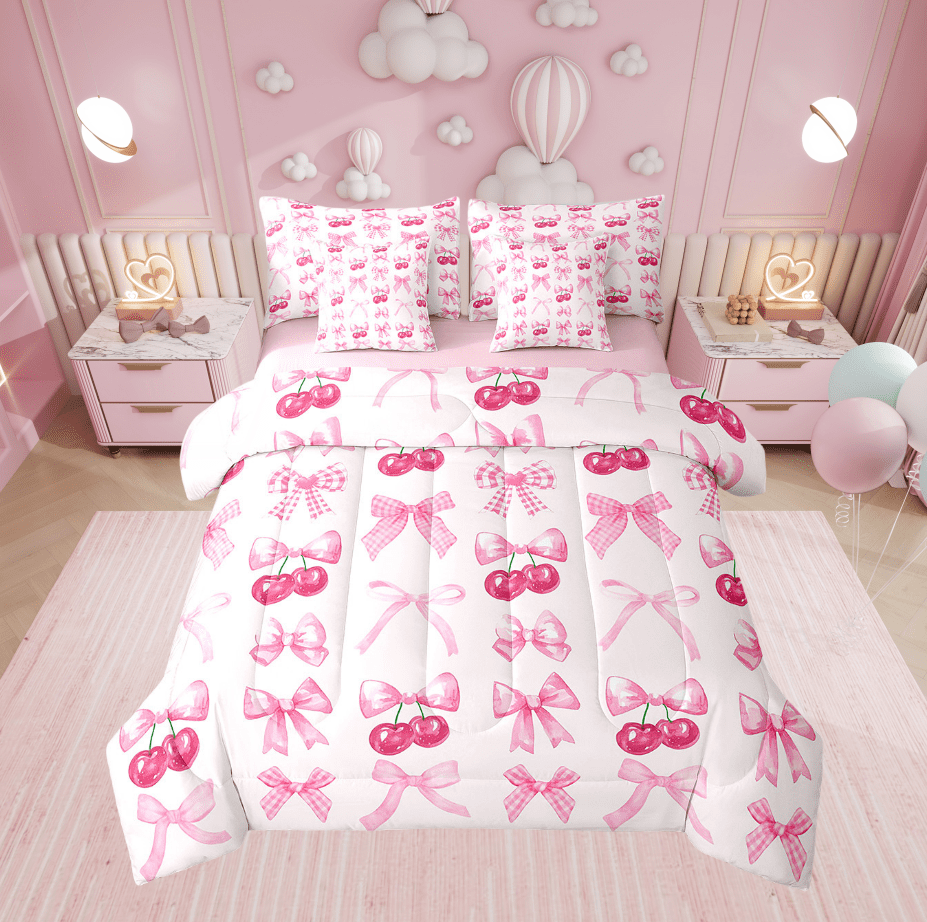 Erosebridal Pink Plaid Bow Bedding Set Cute Bowknot Twin Comforter Set ...