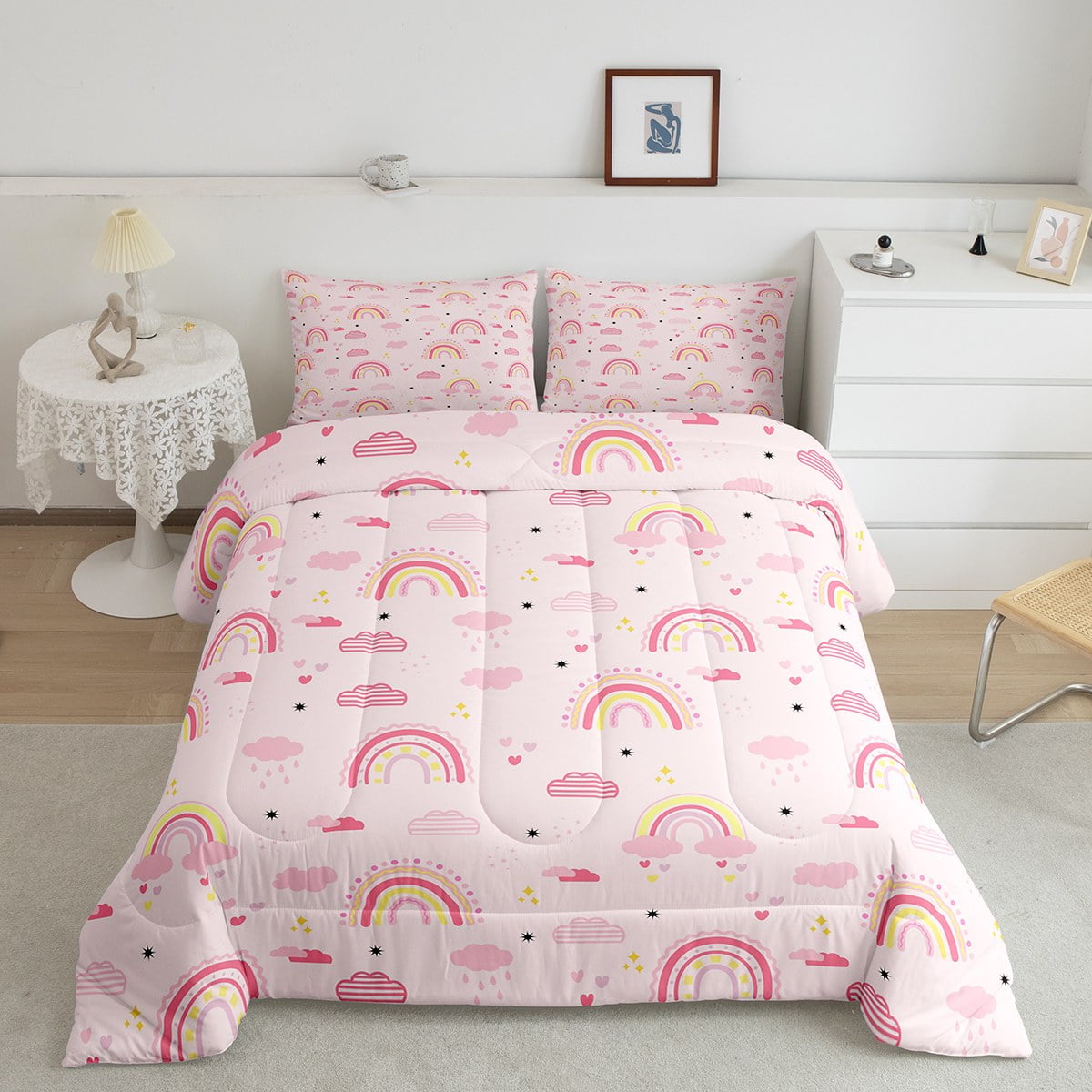 Erosebridal Pink Rainbow Bedding Sets with Comforter, Cartoon Stars ...