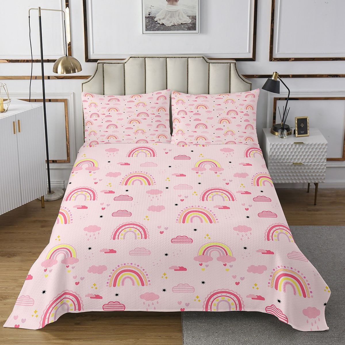Erosebridal Pink Rainbow Bedspread Sets Queen Size, Cartoon Stars Bed ...