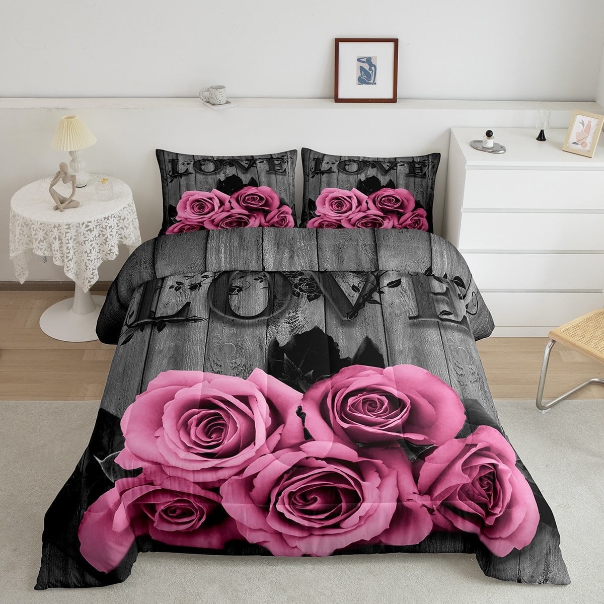 Erosebridal Pink Rose Bedding Set Full Pink Grey Floral Comforter Set ...