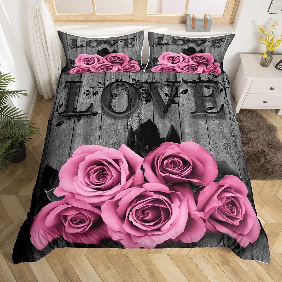 Erosebridal Pink Rose Bedding Set Pink Grey Floral Comforter Cover Twin ...
