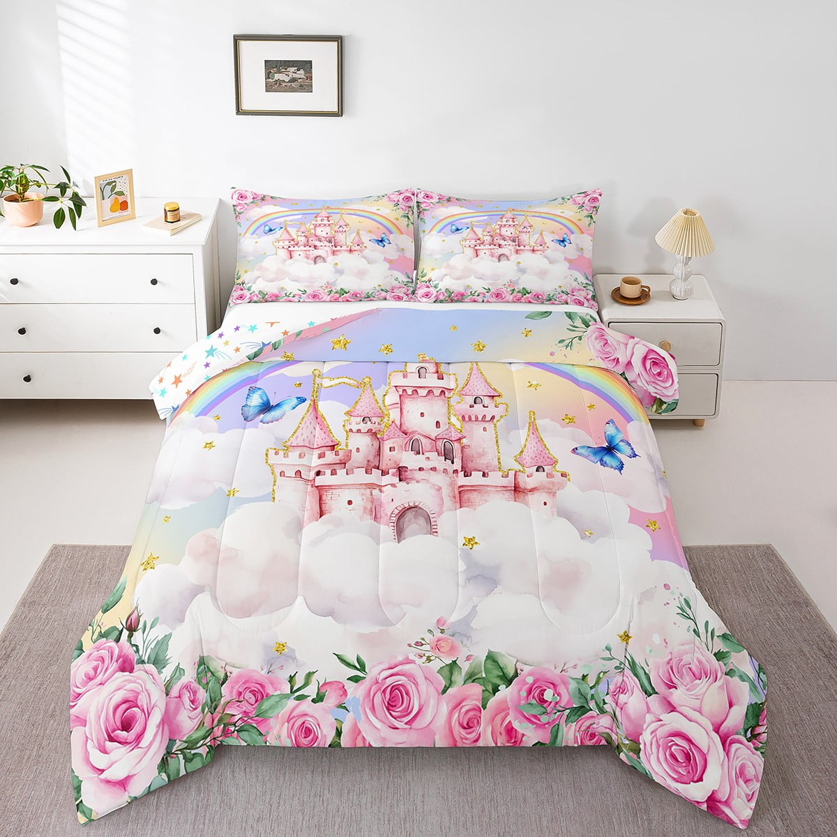 Erosebridal Pink Rose Bedding Sets Full With Comforter,Rainbow Castle ...